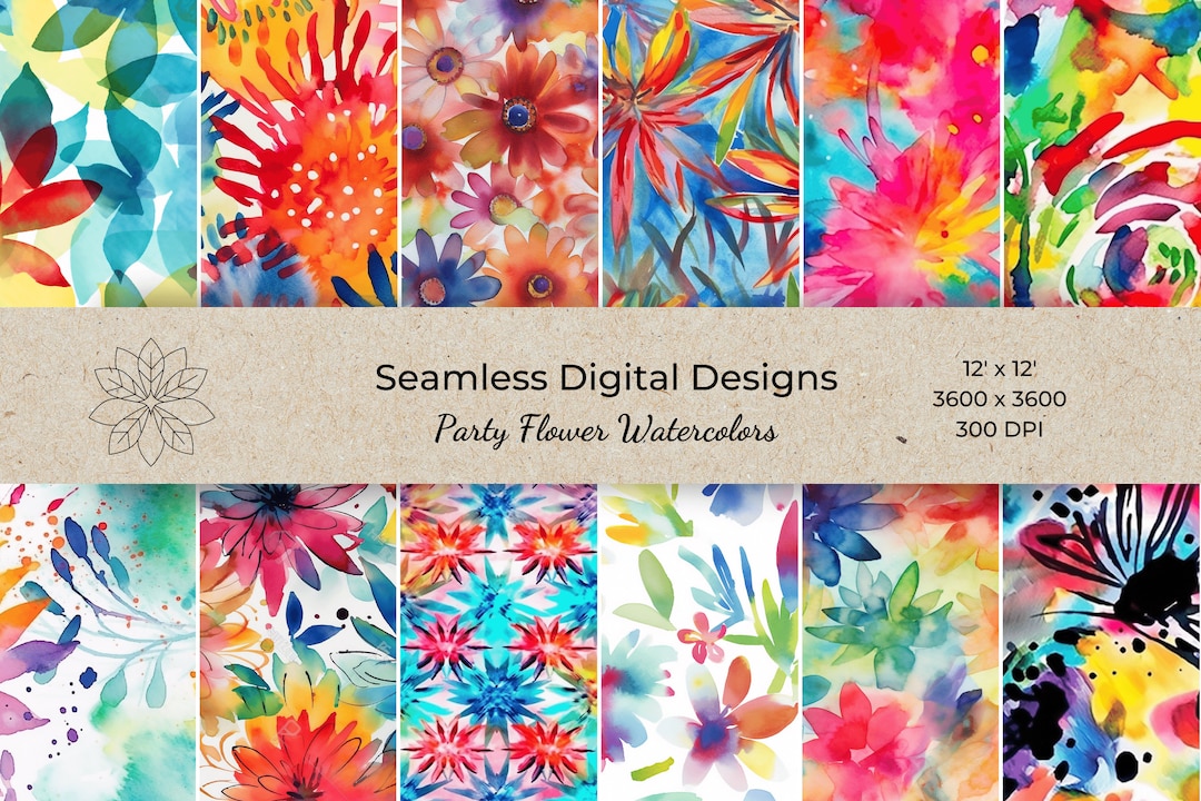 Vivid Watercolor Flowers Digital Paper Set 12 Seamless Vivid Summer ...
