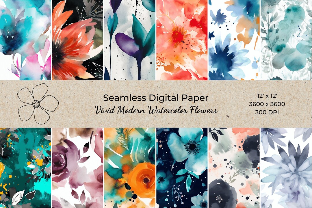 Modern Watercolor Floral Digital Papers Vivid Watercolor Flowers ...