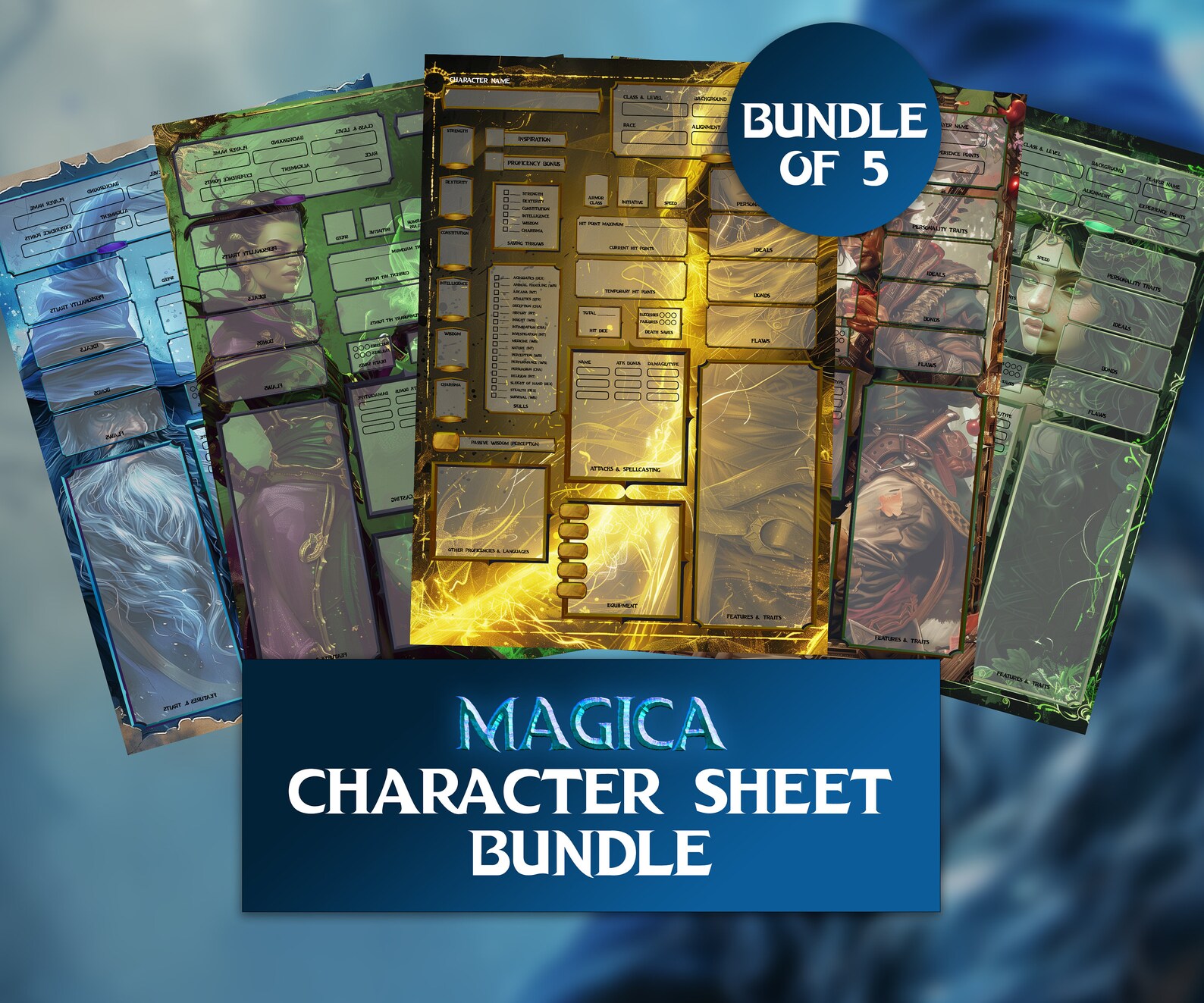 D&D 5e Character Sheet PDF Bundle – 5 Magic-themed Sheets | Wizard ...