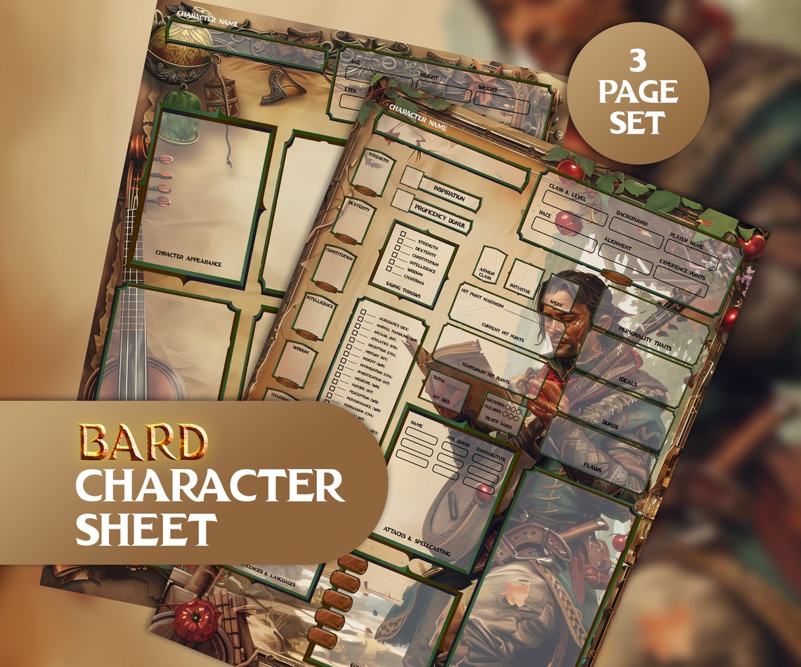 Dnd 5E Bard Character Sheet Digital Download, Dungeons and Dragons RPG ...