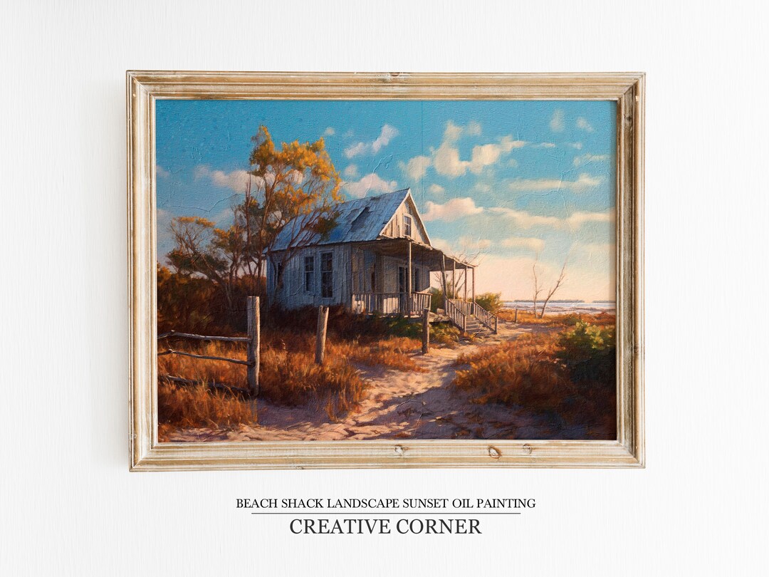 Vintage Beach Shack Sunset Landscape Oil Painting Living Room - Etsy