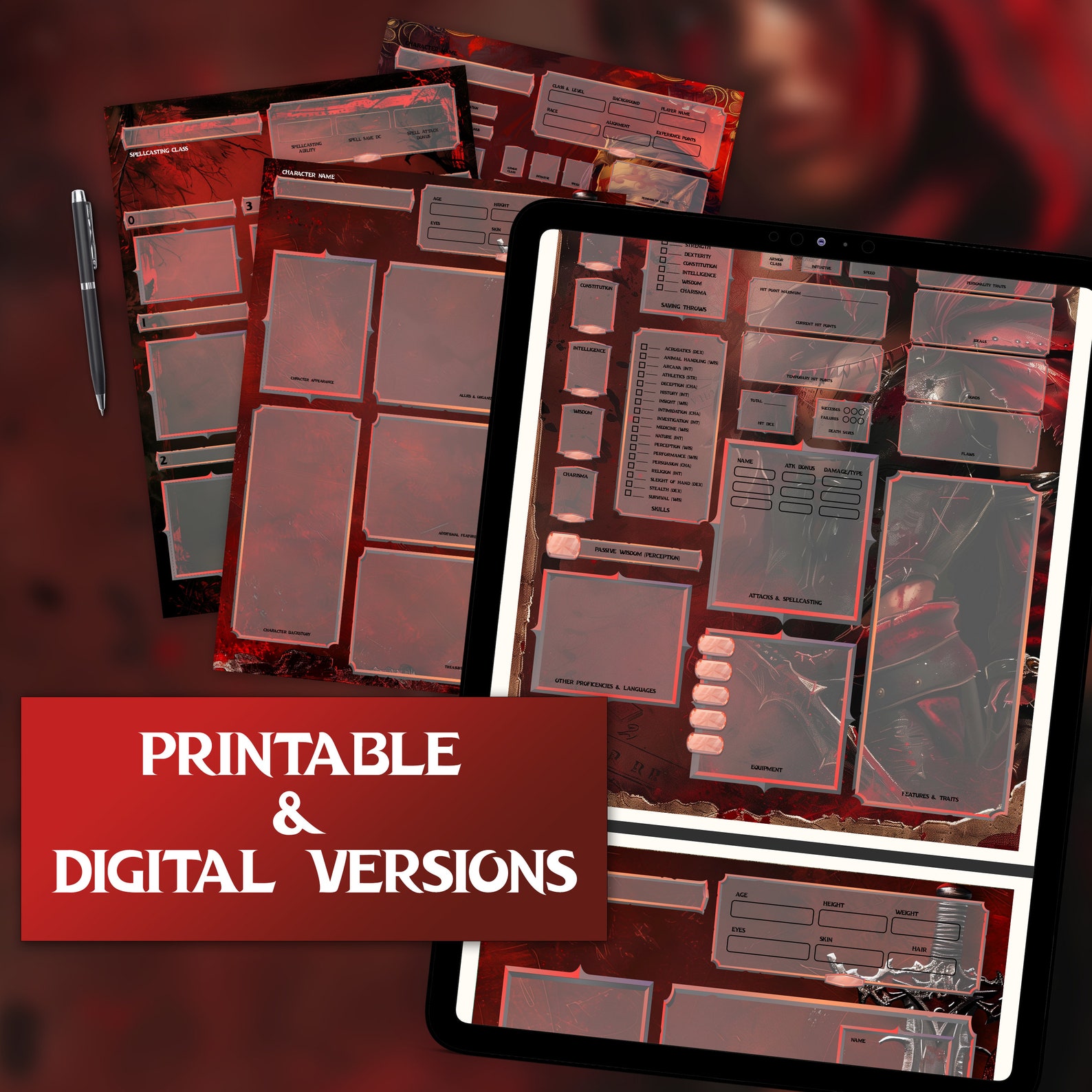 D&D 5e Character Sheet PDF – Blood Hunter-themed Design | Fillable ...
