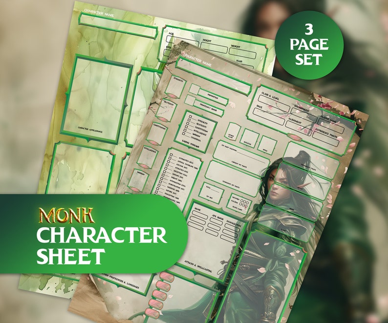 D&D 5e Character Sheet PDF – Monk-themed Design | Fillable, Printable ...