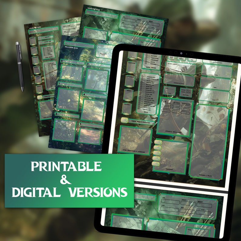 D&D 5e Character Sheet PDF – Ranger-themed Design | Fillable, Printable ...