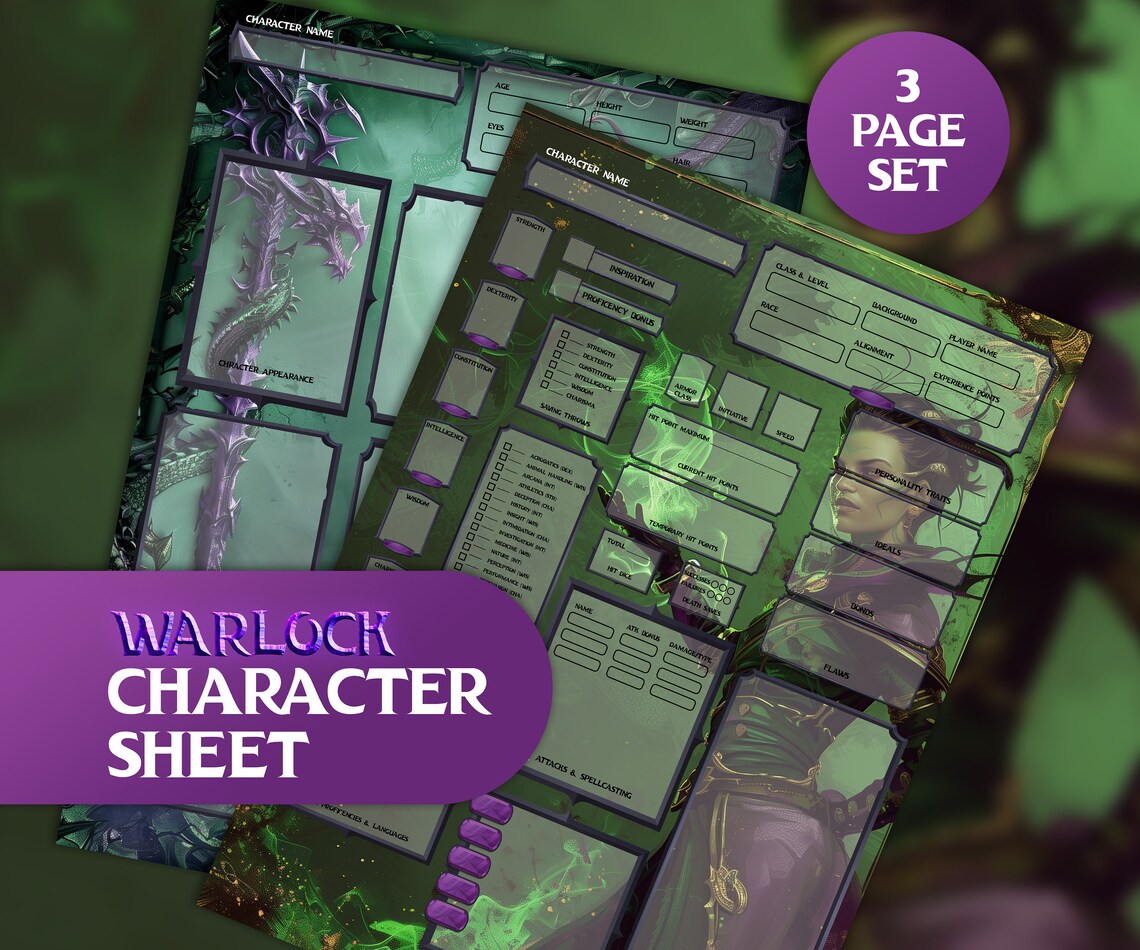 D&D 5e Character Sheet PDF – Warlock-themed Design | Fillable ...