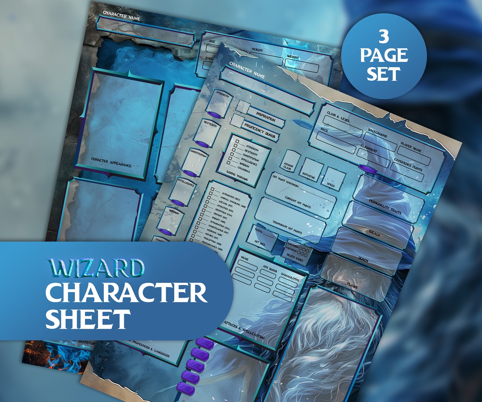 D&D 5e Character Sheet PDF – Wizard-themed Design | Fillable, Printable ...
