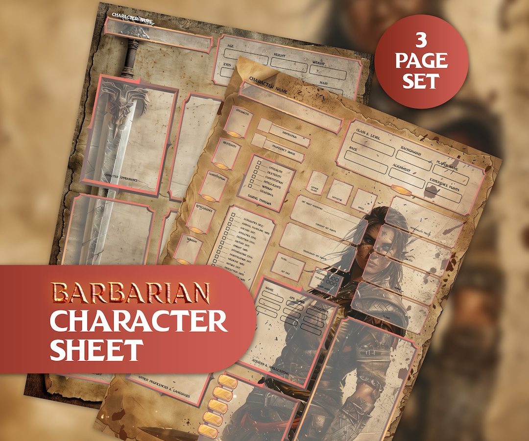 Dnd 5E Barbarian Character Sheet Digital Download, Dungeons and Dragons ...