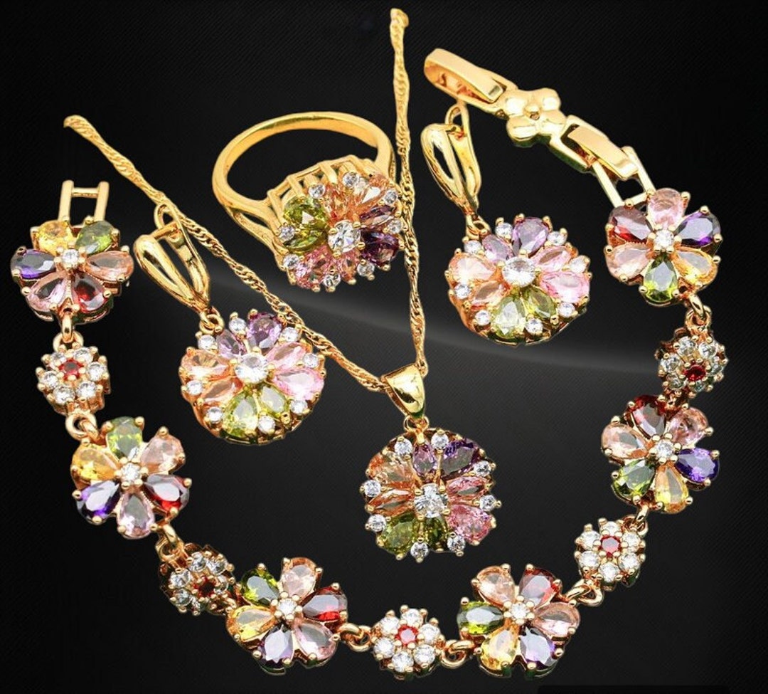 Exquisite 925 Silver Gold Color Jewelry Set With Multicolor Zircon ...