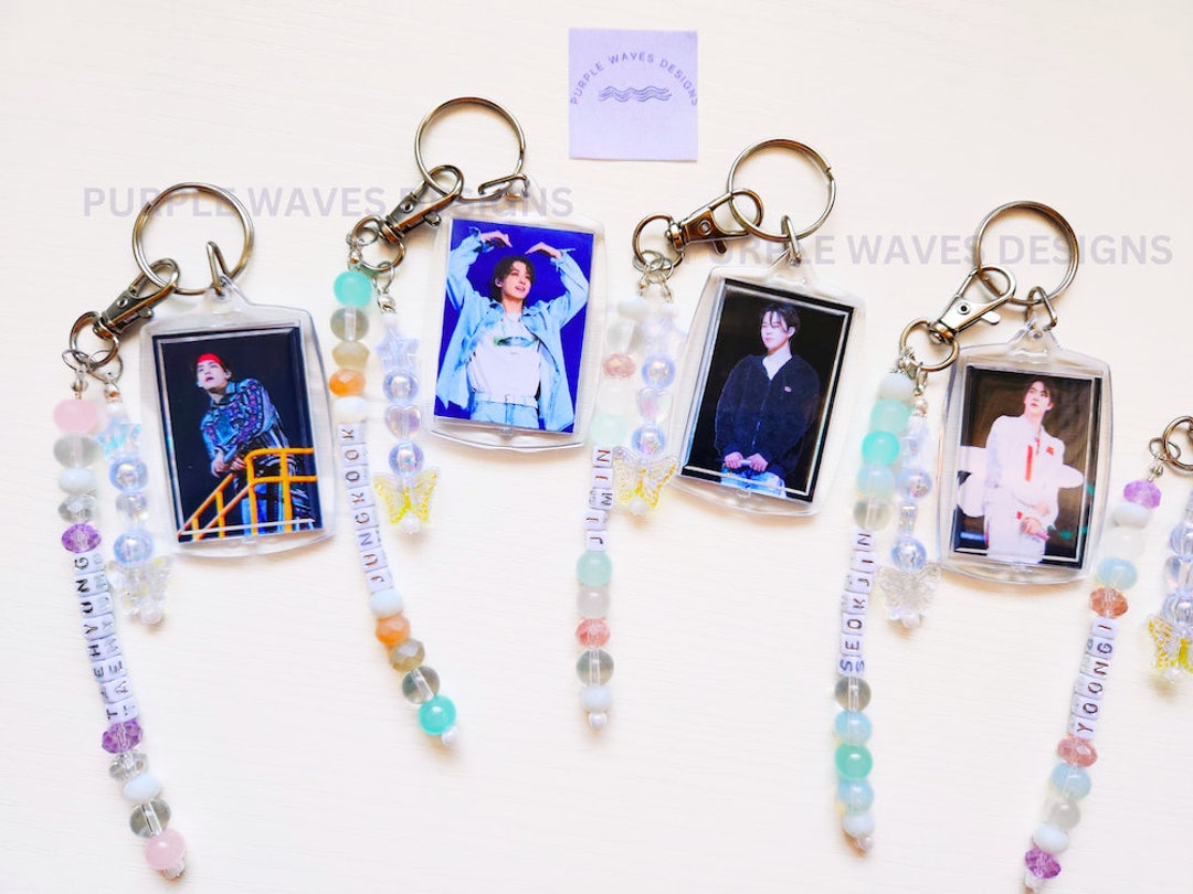 BTS Member Bias Double-sided Photo Keychain With Beaded Keychain Charm - Etsy