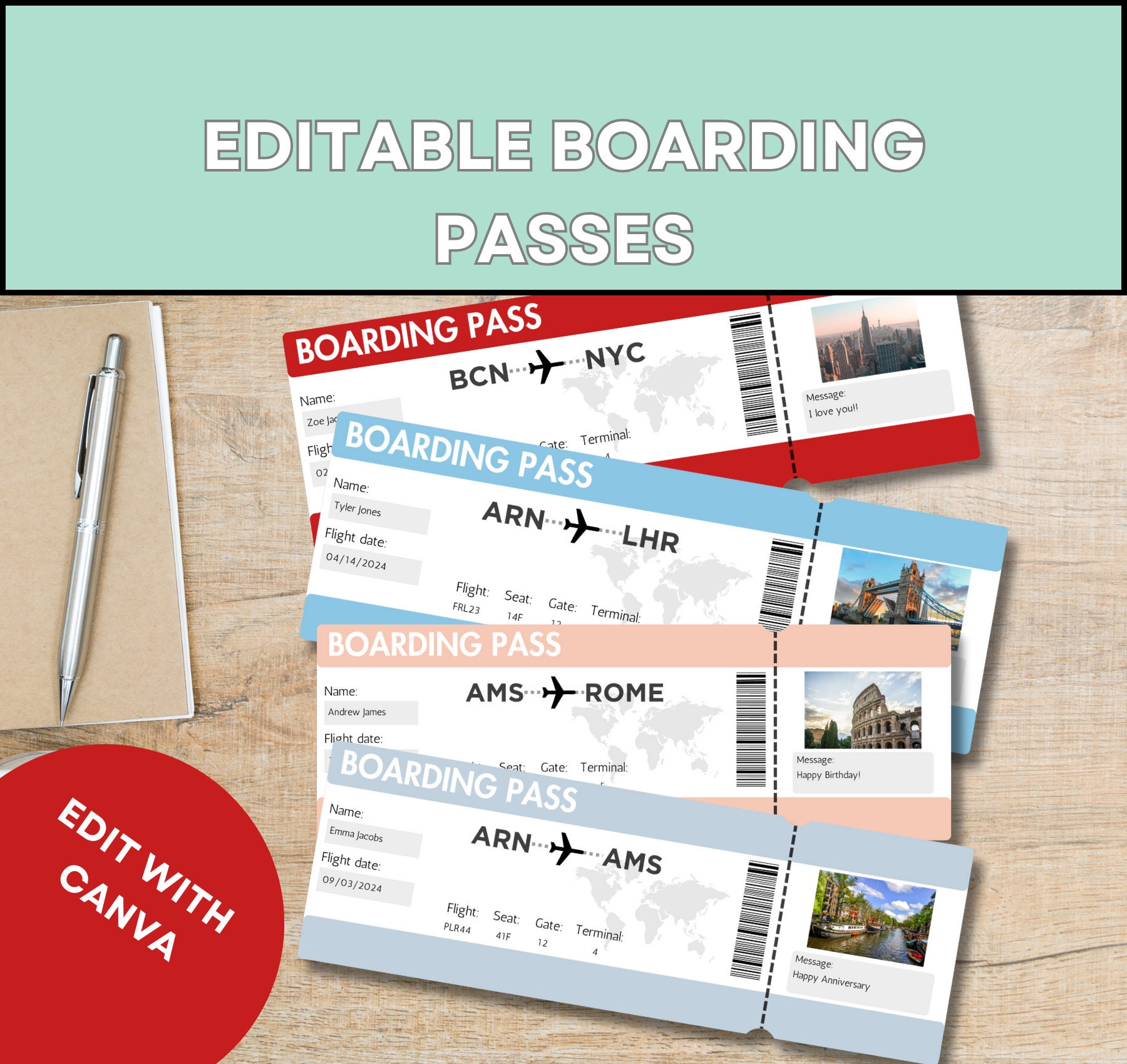 Boarding Pass Template Editable Boarding Pass Boarding Ticket Template ...