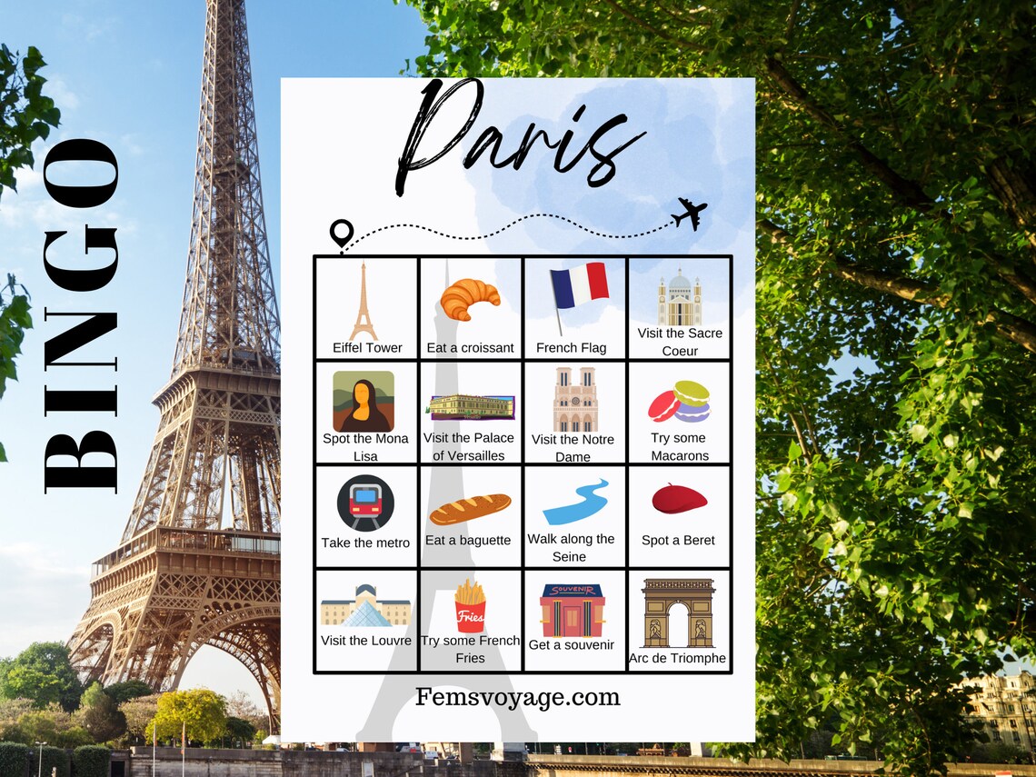 City Travel Scavenger Hunt Cards Paris, 3 Variations. Paris Bingo ...