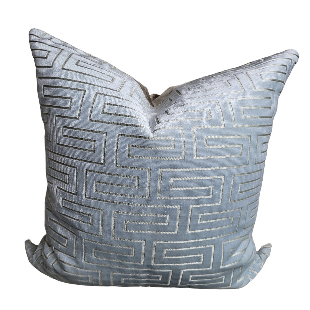 Greek Key Pattern Cut-velvet Pillow Cover Powder Blue, Luxury Pillows ...