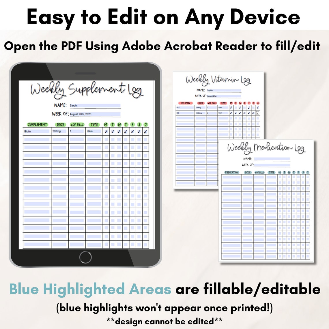 Editable Weekly Medication Log, Printable Medicine Intake Tracker ...