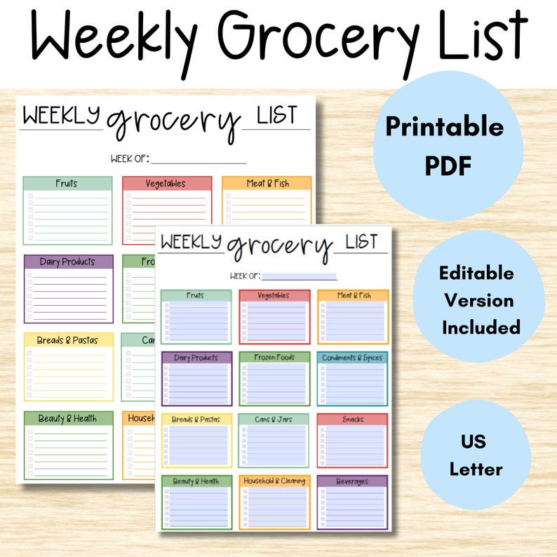 Printable Weekly Menu Planner and Grocery List, Instant Download ...