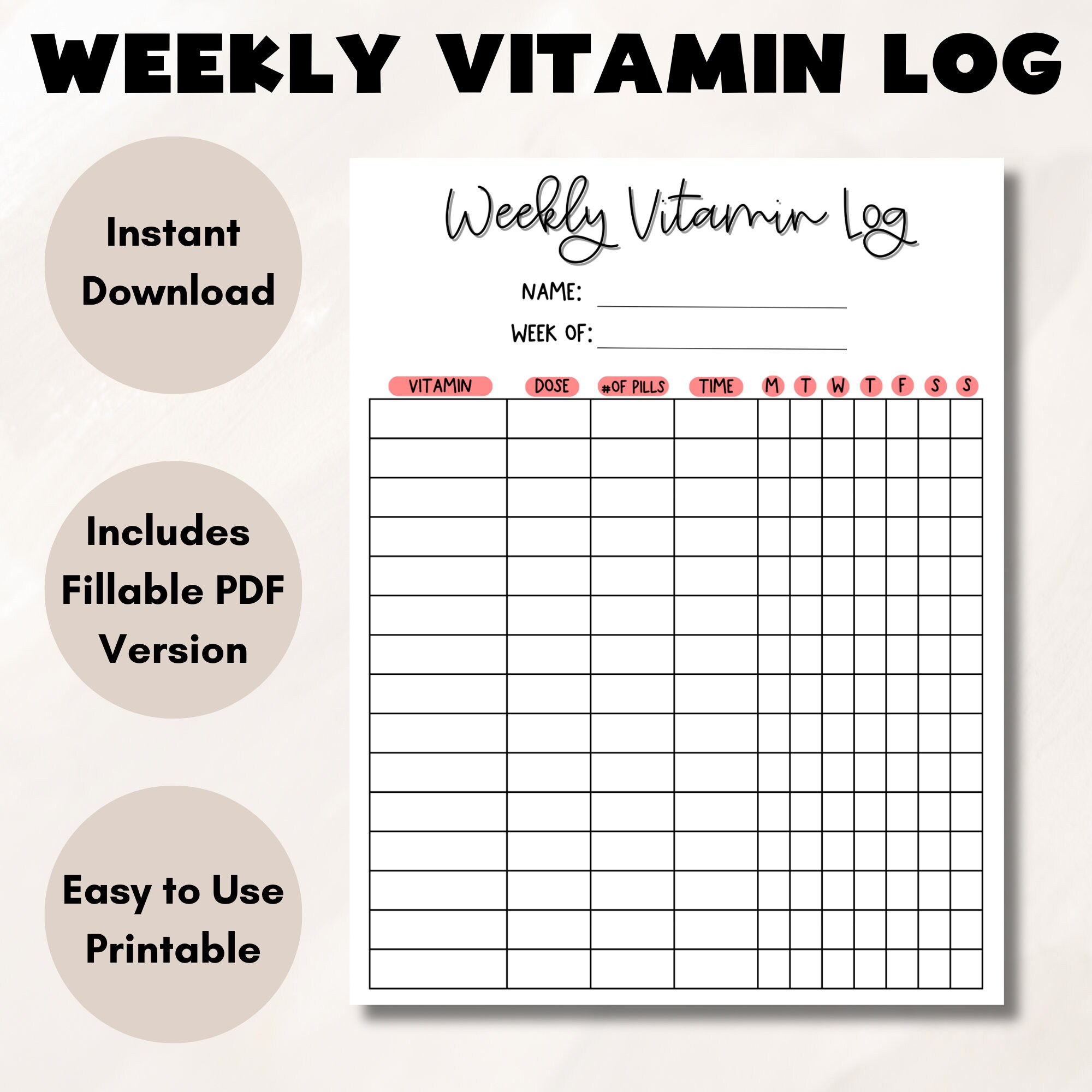 Editable Weekly Medication Log, Printable Medicine Intake Tracker ...