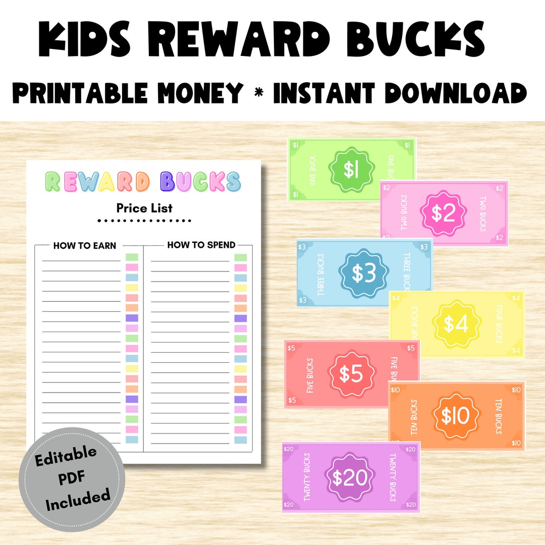 Reward Bucks for Kids, Downloadable, Money Award Bucks, Kids Chore ...
