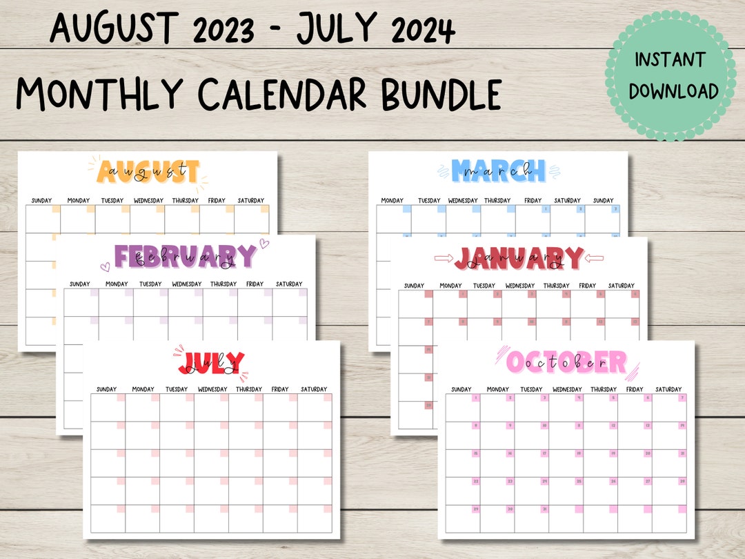 Monthly Calendar Printable Academic Year August 2023-july 2024 Monday ...