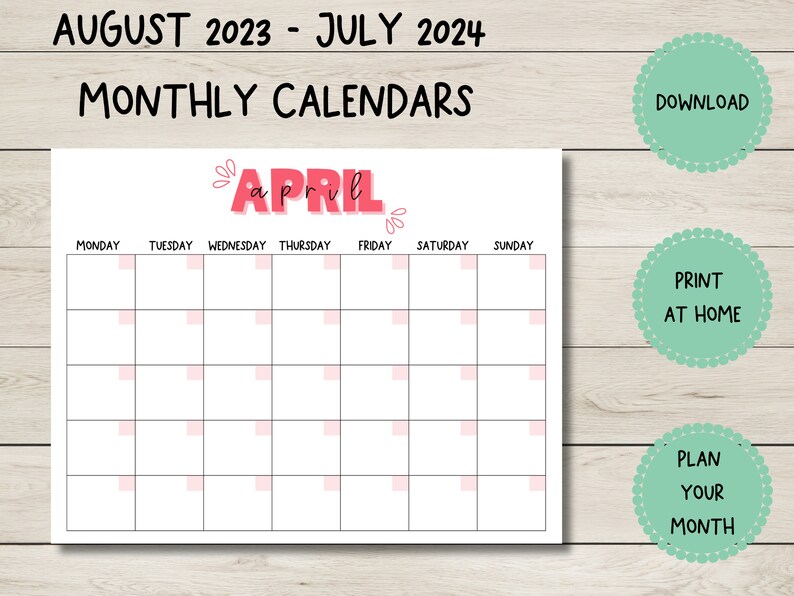 Monthly Calendar Printable Academic Year August 2023-july 2024 Monday ...