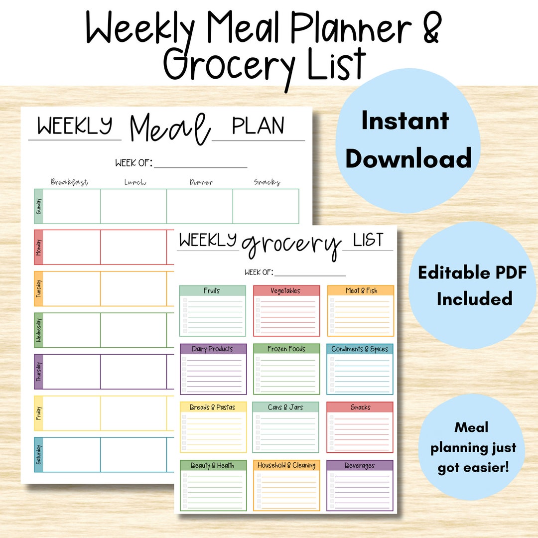 Printable Weekly Menu Planner and Grocery List, Instant Download ...