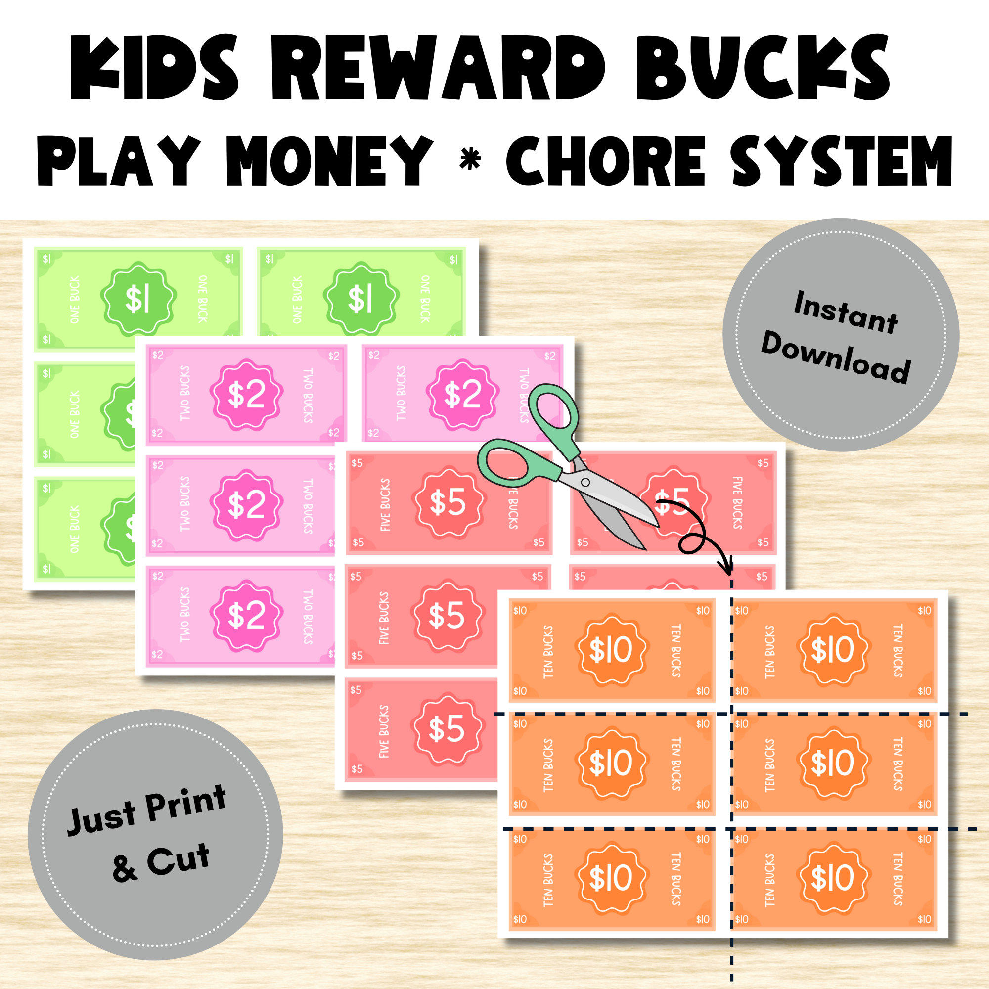 Reward Bucks for Kids, Downloadable, Money Award Bucks, Kids Chore ...
