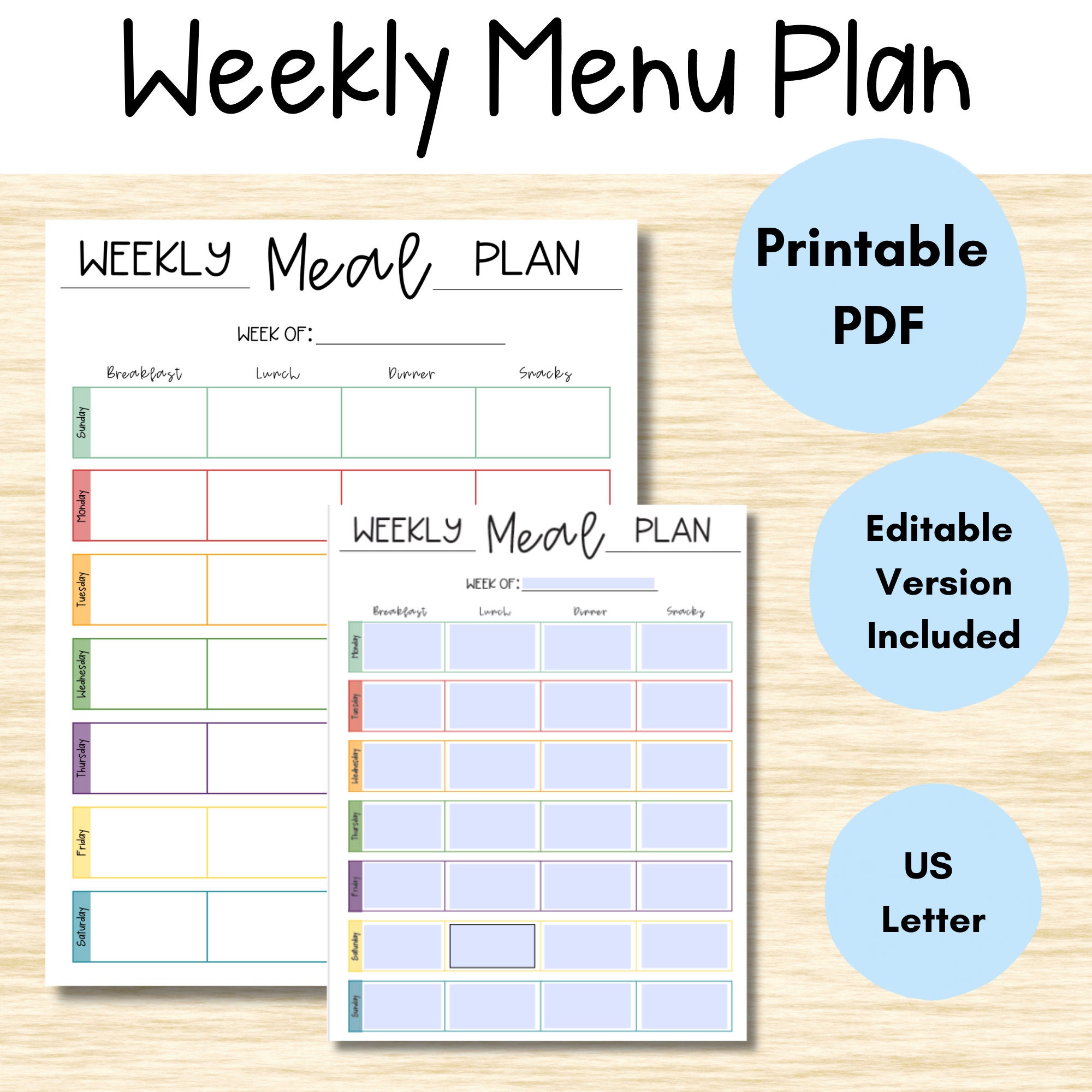 Printable Weekly Menu Planner and Grocery List, Instant Download ...