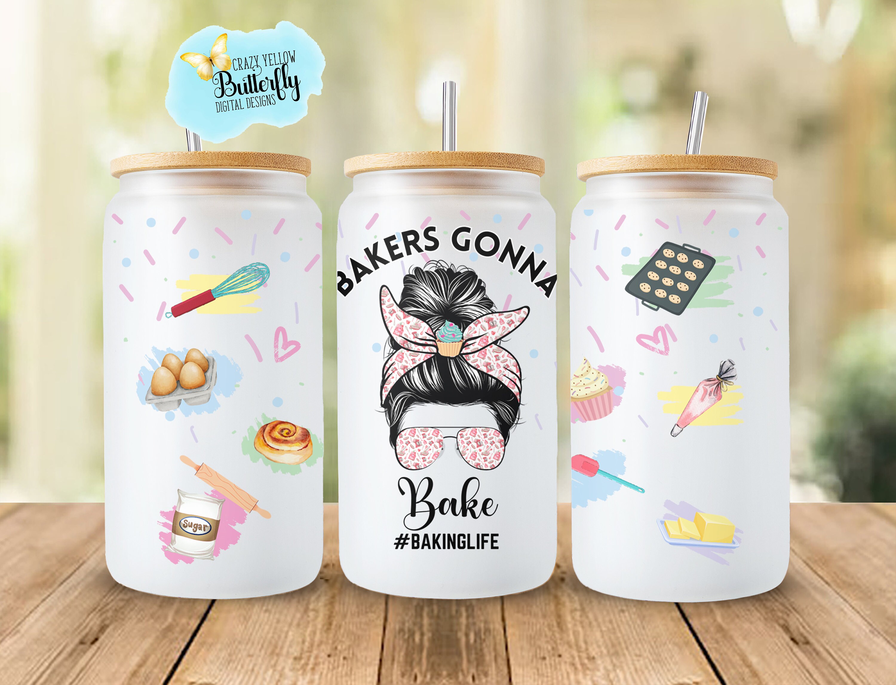 Bakers Gonna Bake 16 Oz Libbey Glass Wrap, Iced Coffee Cup, Glass Can ...