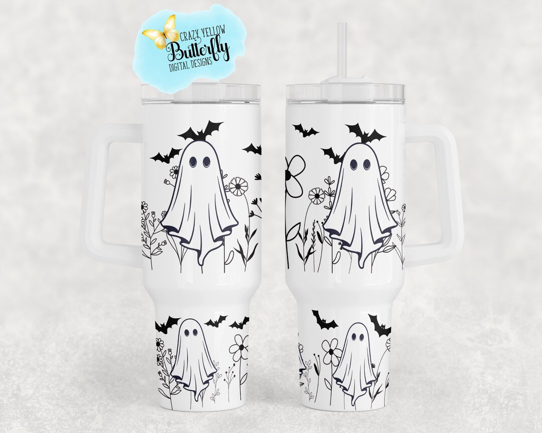 Ghosts, Wildflower and Bat Design - Black and White 40 Oz Tumbler Wrap ...
