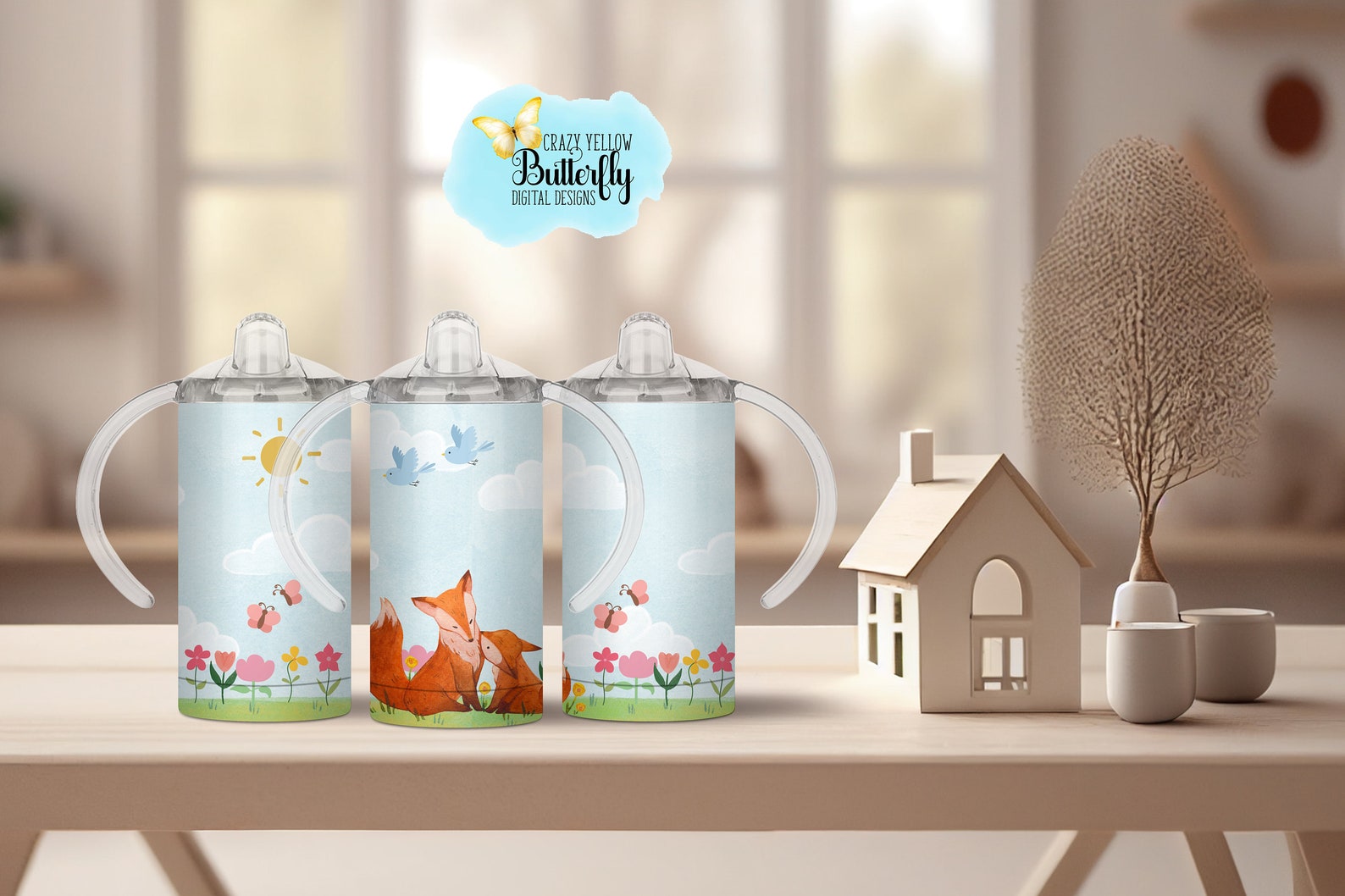 12 Oz Sippy Cup Mama Fox and Cub Wrap, Sippy Cup Sublimation Png ...