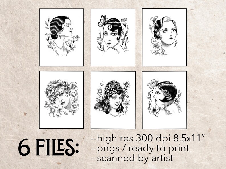 1920s Flapper Portraits Wall Art Printable / Vintage Tattoo Flash ...