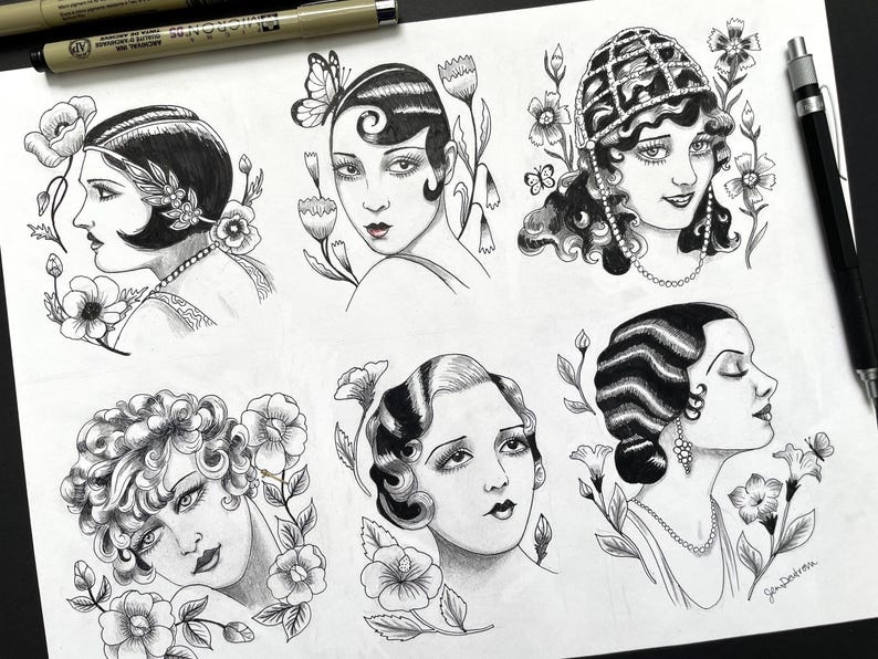 1920s Flapper Portraits Wall Art Printable / Vintage Tattoo Flash ...