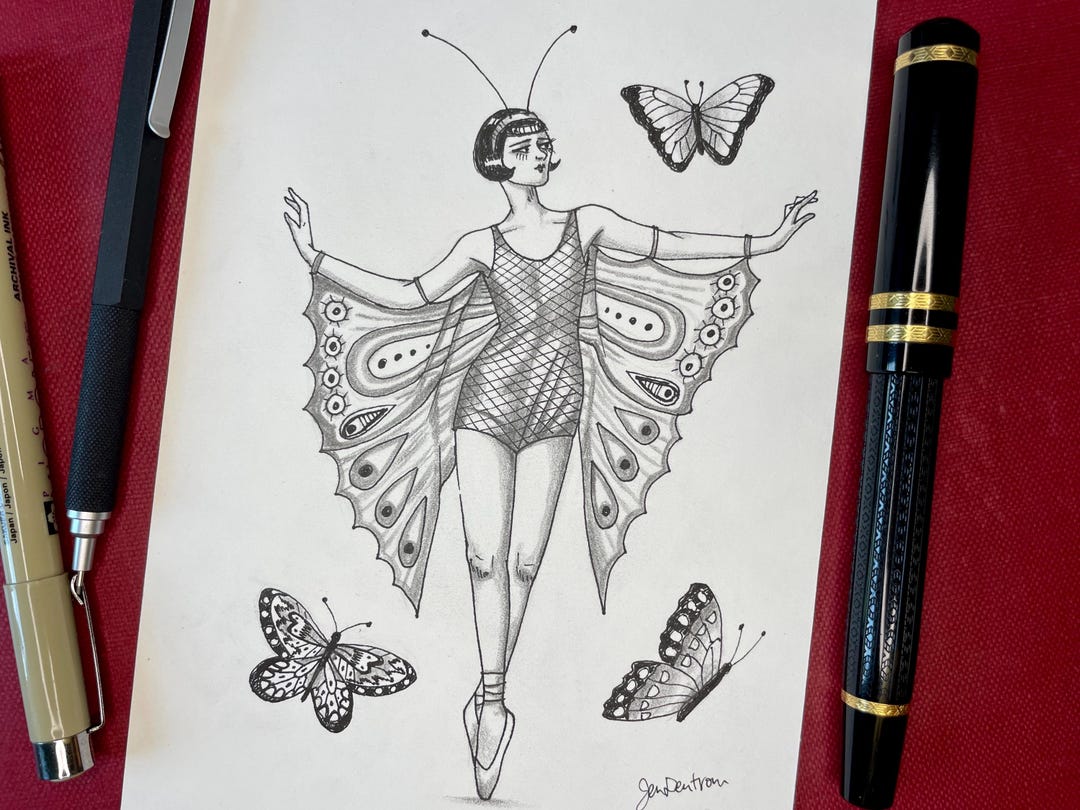 ORIGINAL Pen Ink Butterfly Flapper Ballerina / Roaring 1920s Artwork ...
