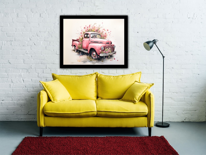 Watercolor Sketch of Old Pink Truck With Pink Flowers Digital Download ...