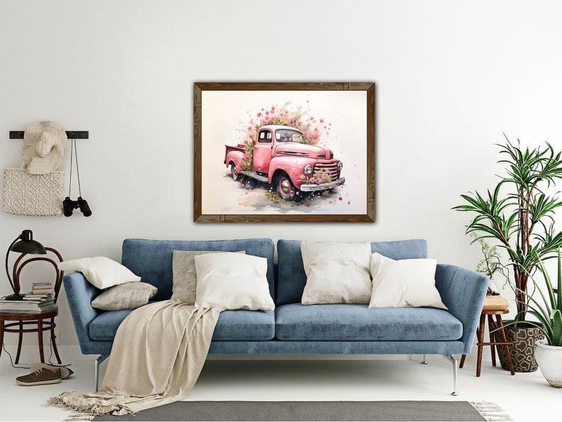 Watercolor Sketch of Old Pink Truck With Pink Flowers Digital Download ...