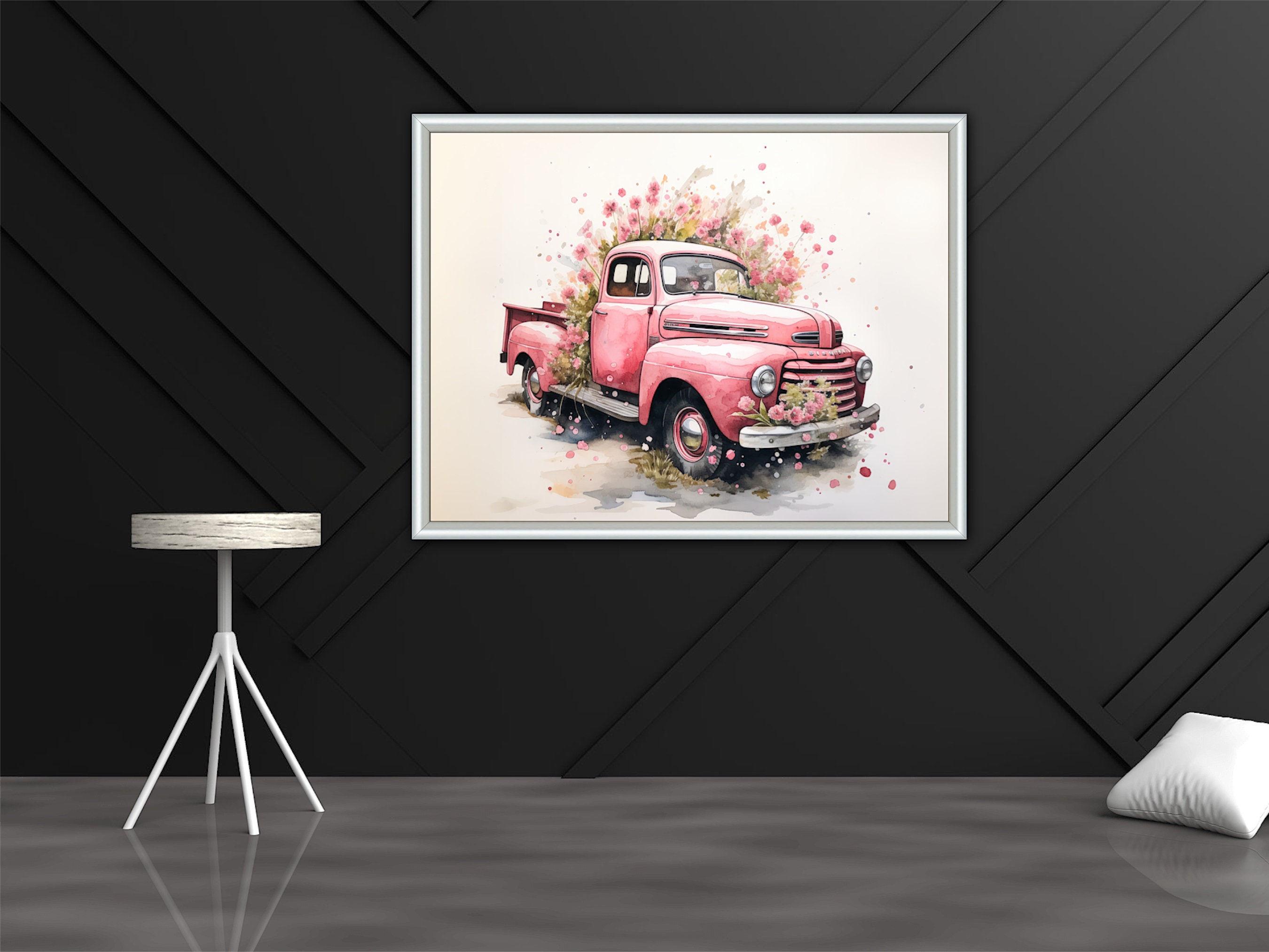 Watercolor Sketch of Old Pink Truck With Pink Flowers Digital Download ...