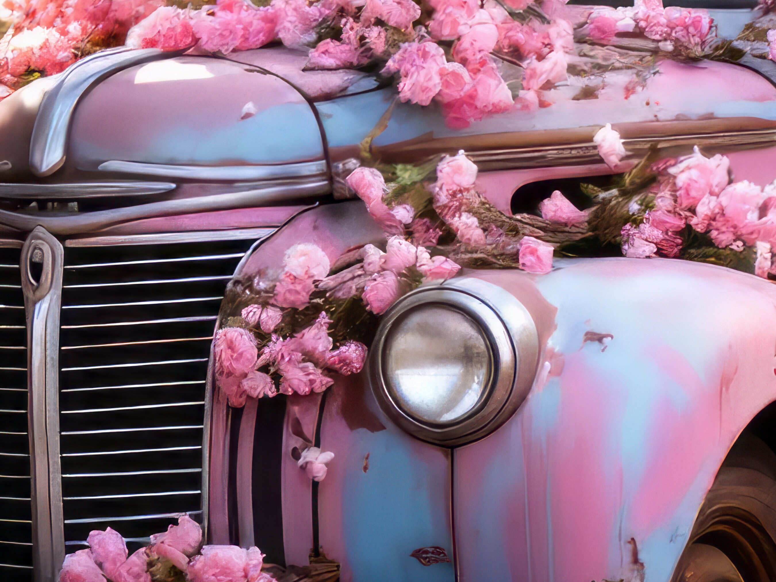 Old Antique Pink Truck and Pink Flower Blossoms on the Farm Digital ...