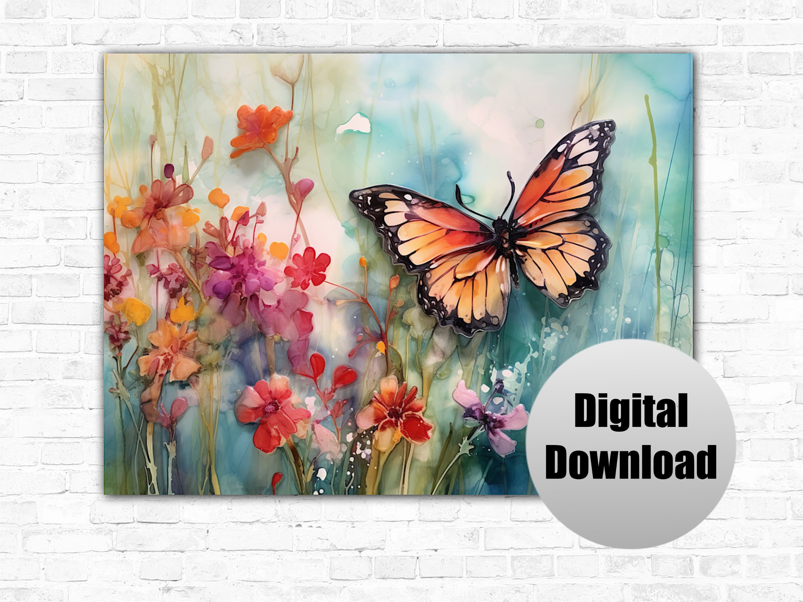 Wildflowers Large Butterfly Vibrant Watercolor Digital Download ...
