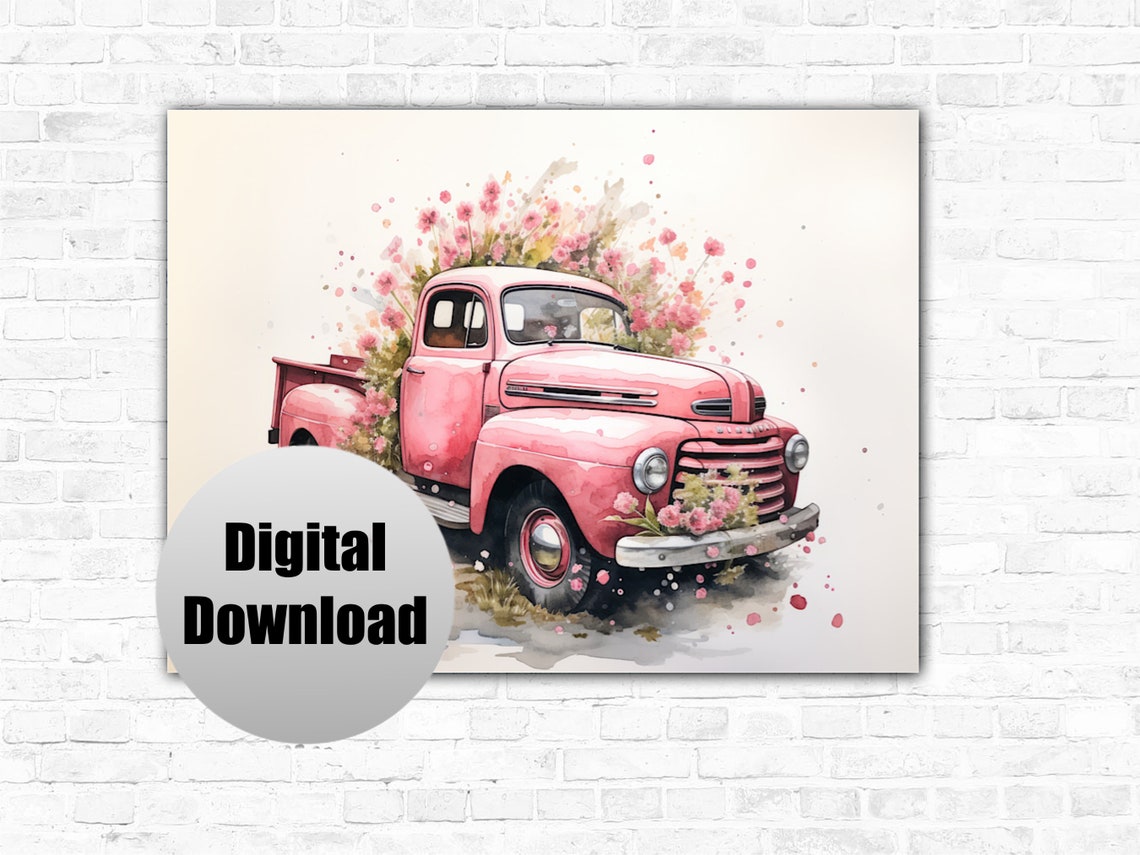 Watercolor Sketch of Old Pink Truck With Pink Flowers Digital Download ...