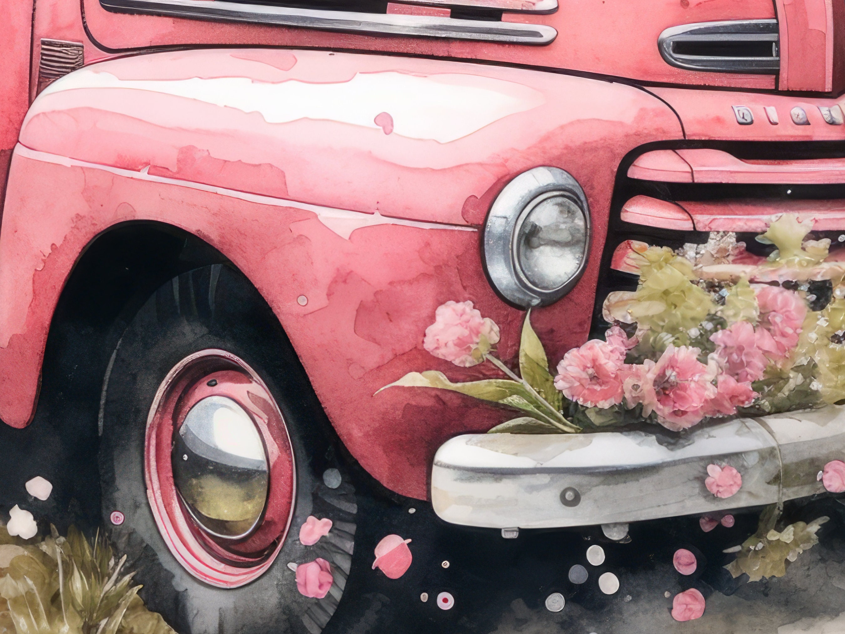 Watercolor Sketch of Old Pink Truck With Pink Flowers Digital Download ...