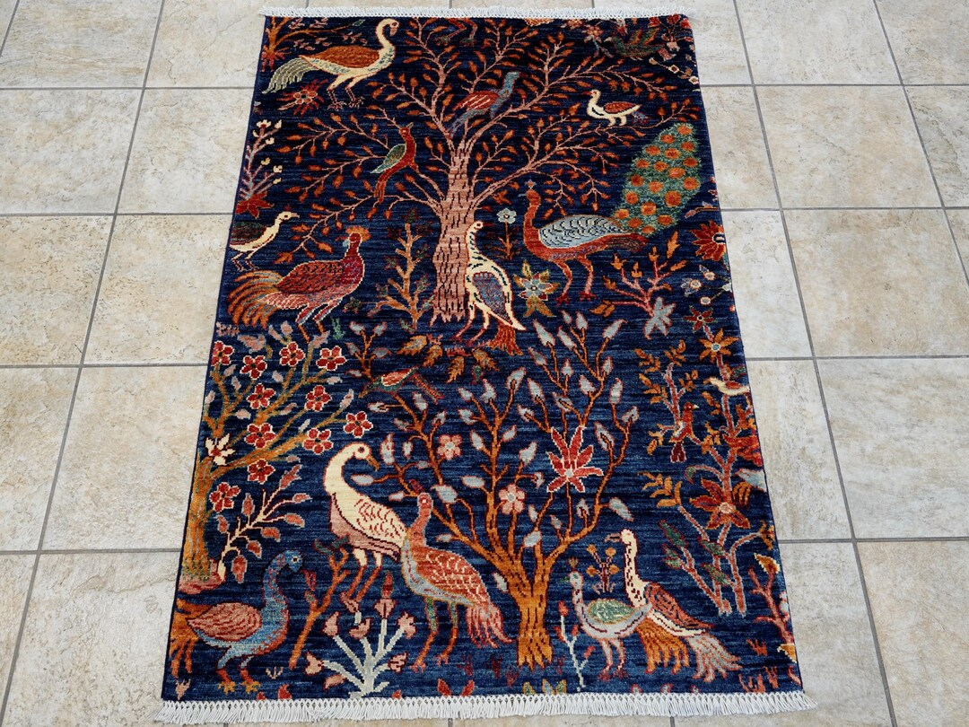 3x5 Ft Blue Bird Rug - Handmade Afghan Wool Rug - Floral Design - Etsy