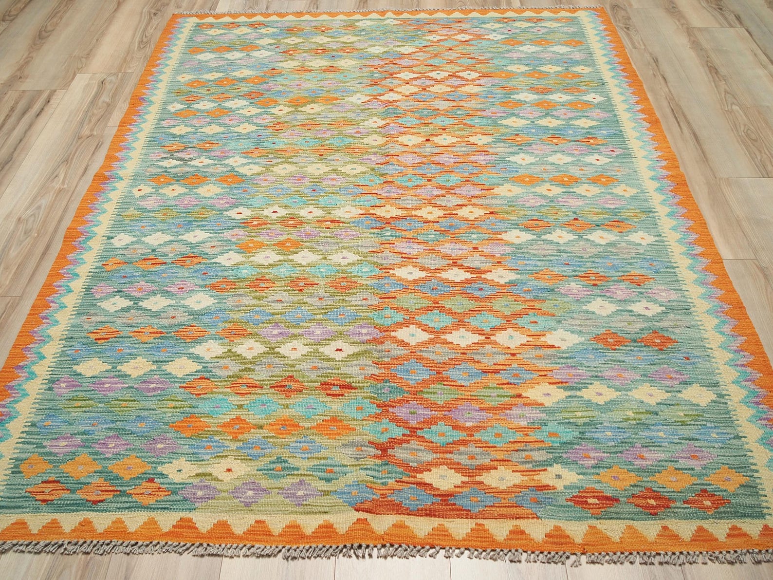 6x8 Ft Orange Green Kilim Rug - Traditional Flat Weaved Rug ...