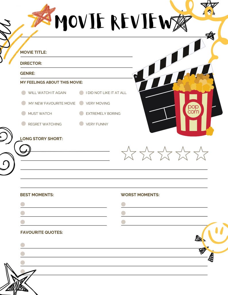Fun Movie Review Worksheet (for Beginning Writers) - Etsy