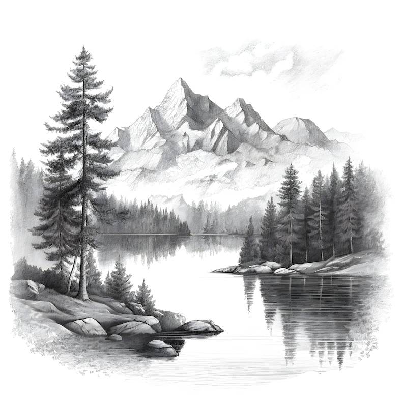 Peaceful Mountain Lake Pencil Illustration - Etsy