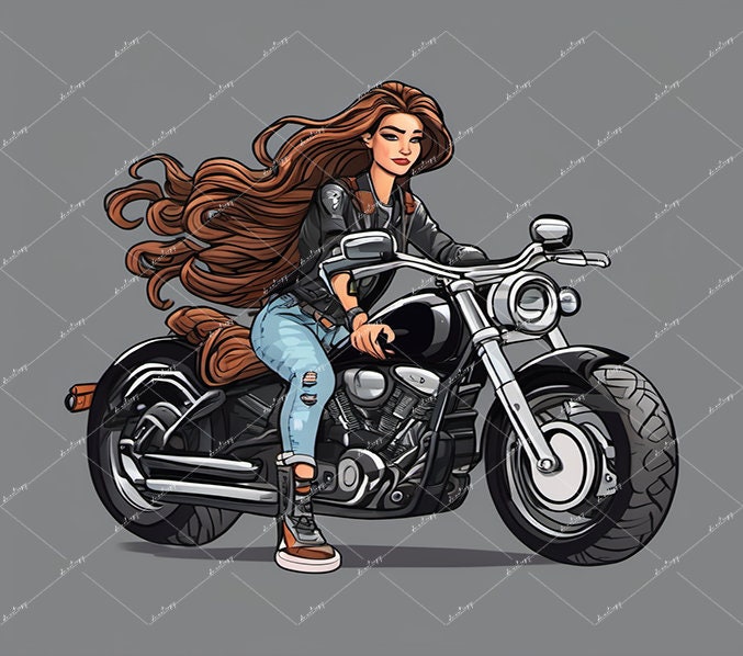 Cartoon Woman on Motorcycle, Clipart, Brown Hair, PNG File - Etsy