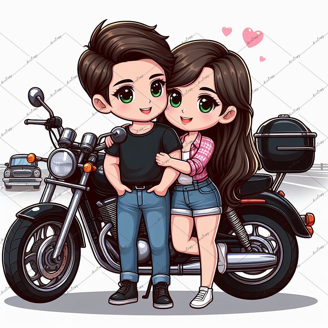 Cartoon Motorcycle, Clipart, Cute Couple, Hearts PNG Clipart - Etsy
