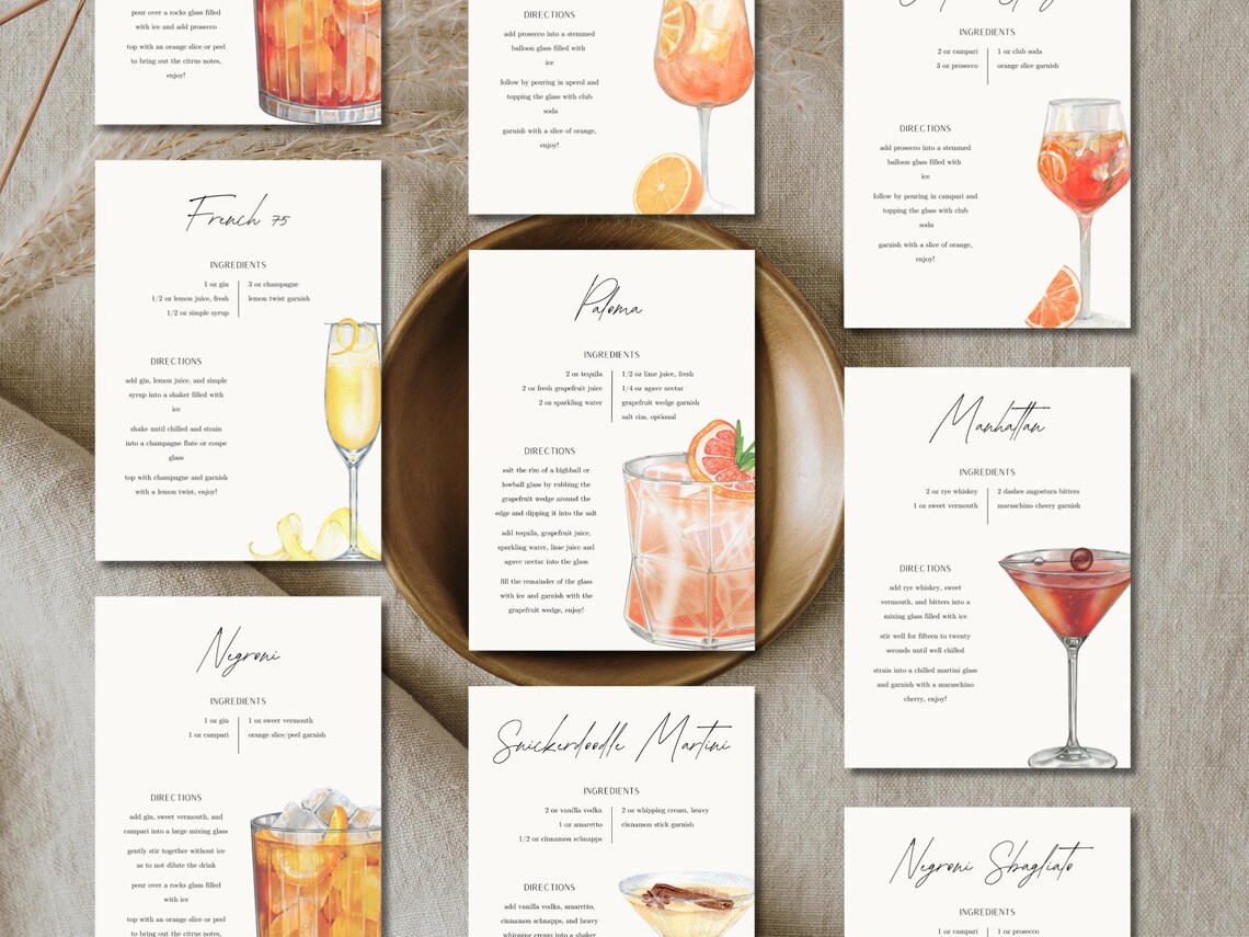 Cocktail Recipe Card Printable, Eight Printable Recipe Cards, Cocktail ...