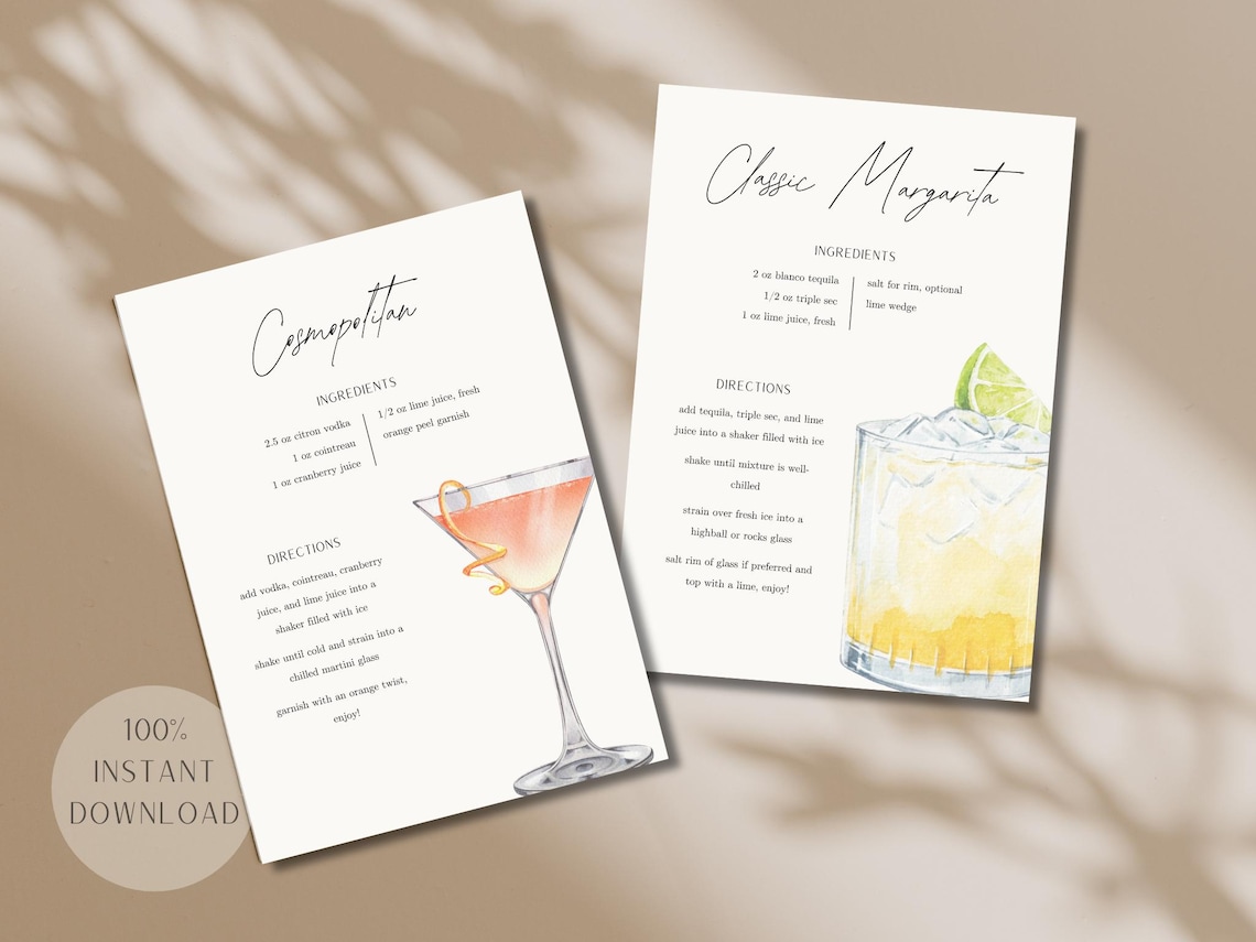 Cocktail Recipe Card Printable, Eight Printable Recipe Cards, Cocktail ...