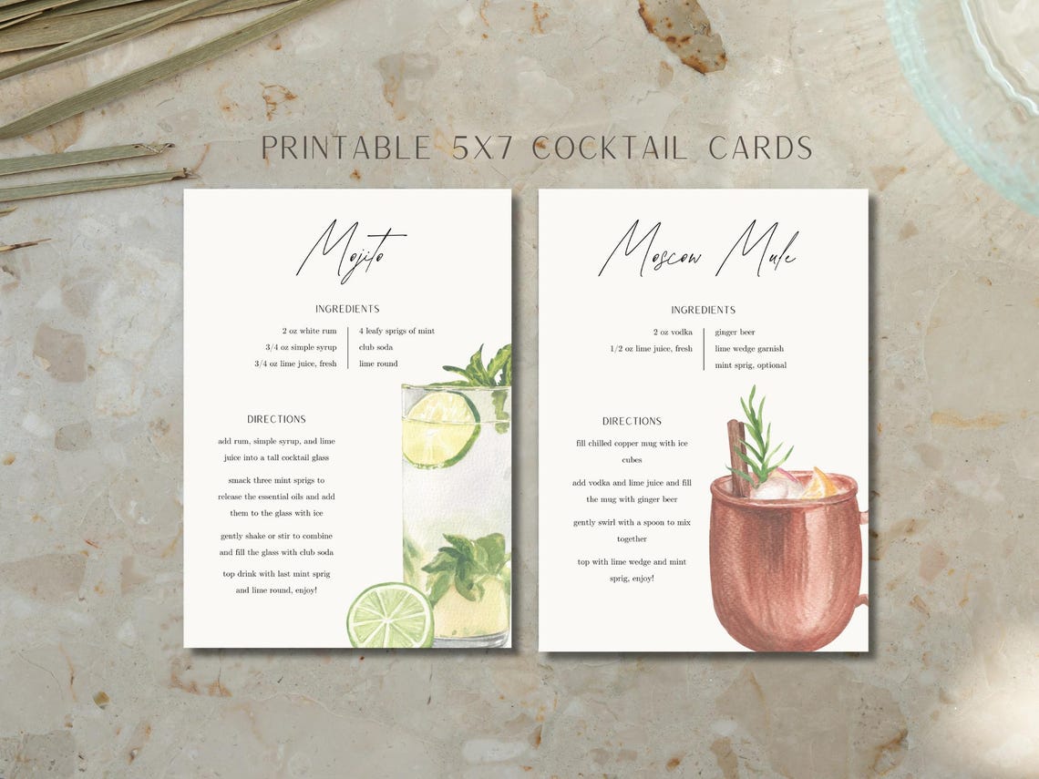 Cocktail Recipe Card Printable, Eight Printable Recipe Cards, Cocktail ...
