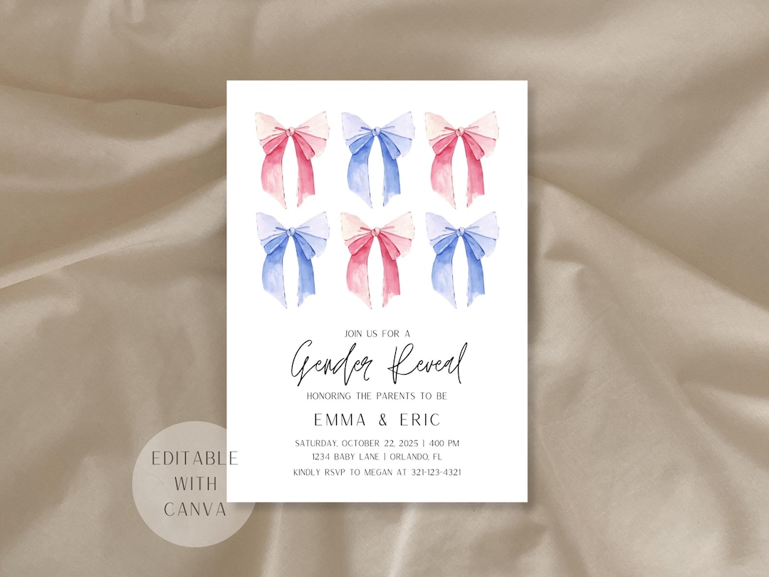 Editable Personalized Gender Reveal Invitation, Printable Bows Gender ...