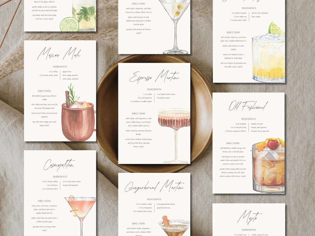 Cocktail Recipe Card Printable, Eight Printable Recipe Cards, Cocktail ...