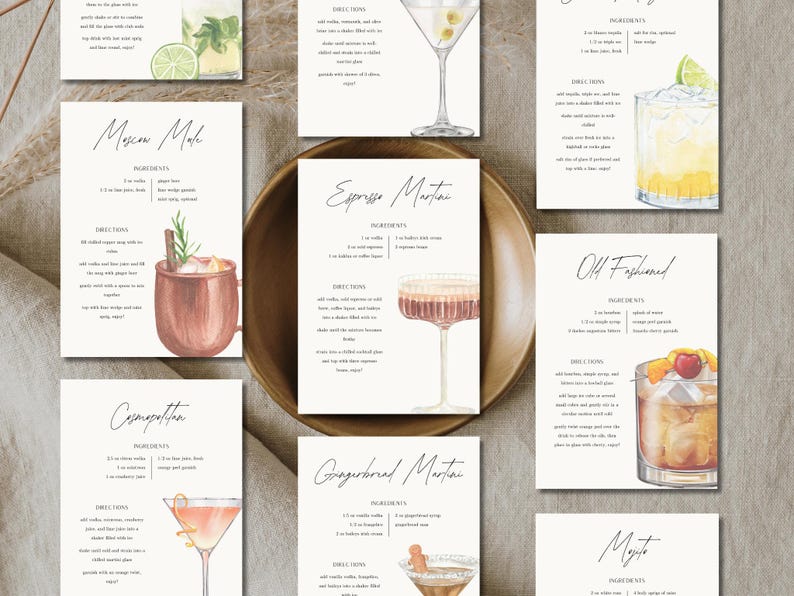Cocktail Recipe Card Printable, Eight Printable Recipe Cards, Cocktail ...